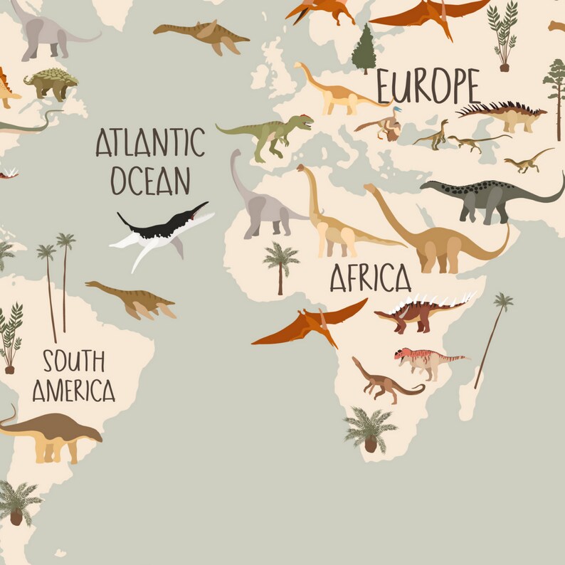 Dinosaur World Map Children's Map Green Background - Etsy