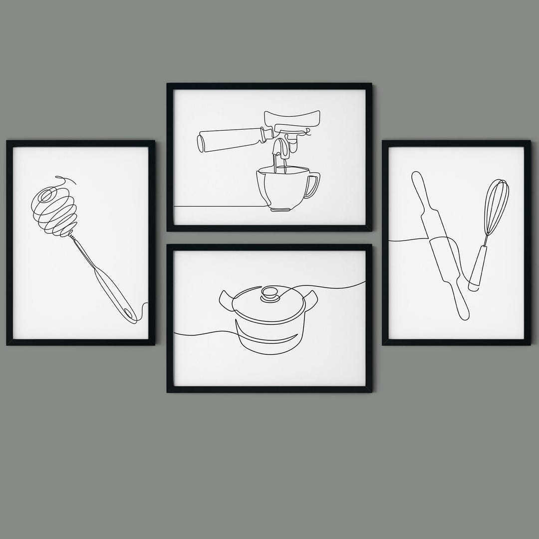 Kitchen Wall Art, Set of 4 Prints, Kitchen Line Art Prints, Printable ...