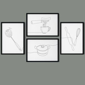 Kitchen Wall Art, Set of 4 Prints, Kitchen Line Art Prints, Printable ...