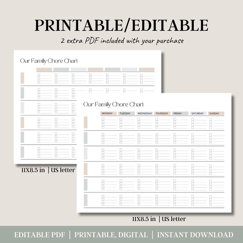 Editable Weekly Chore Chart Template: Family Organizer (digital ...