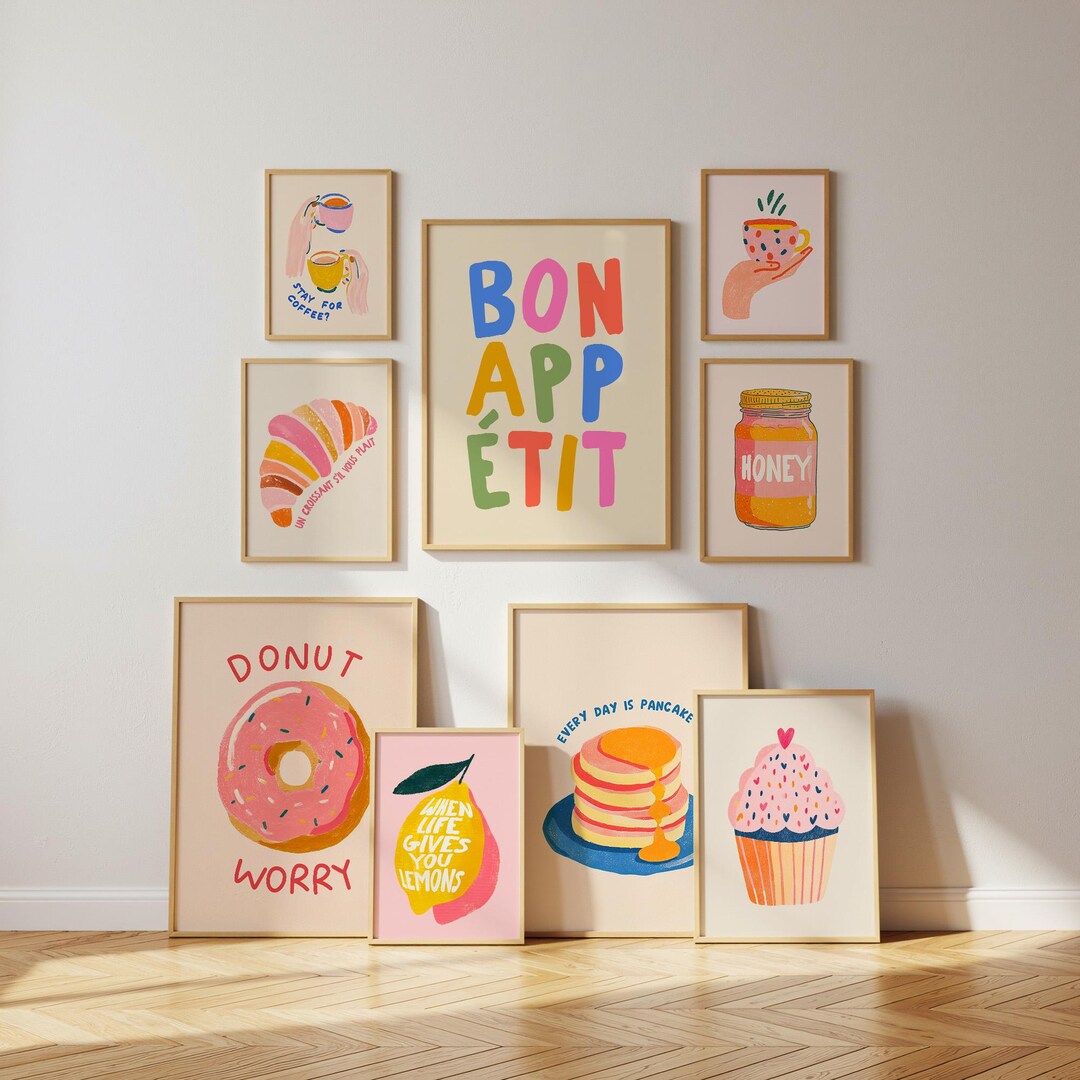 Colorful Kitchen Wall Art Set of 9, Foodie Gallery Prints, Retro ...