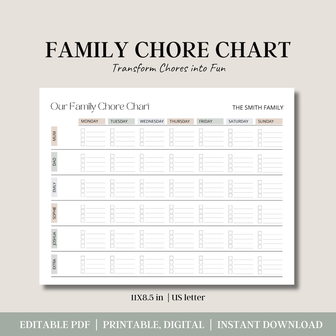 Editable Weekly Chore Chart Template: Family Organizer (digital ...