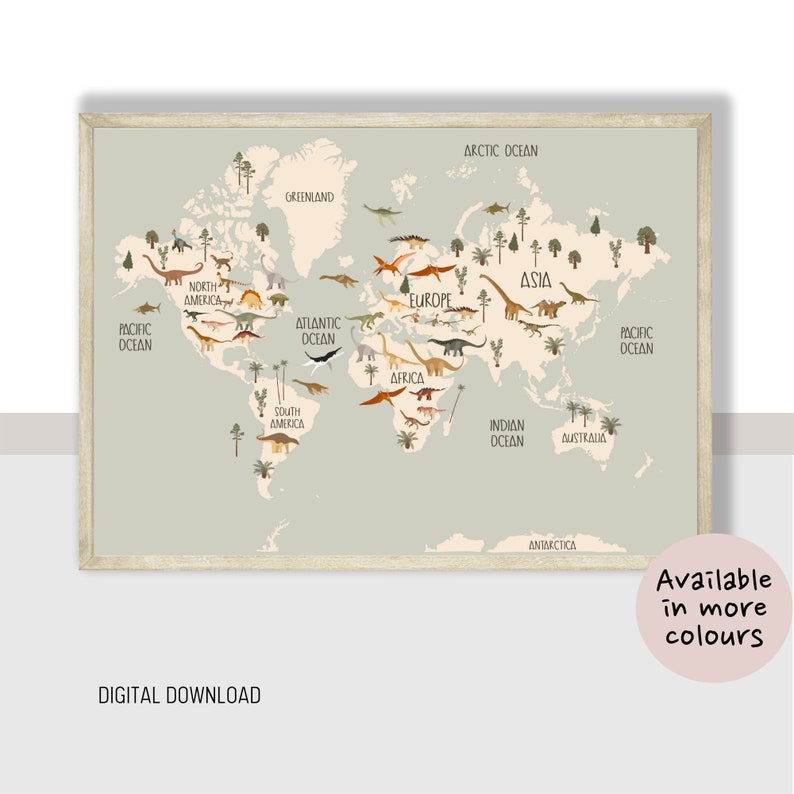 Dinosaur World Map, Children's Map, Green Background Colour, Digital ...