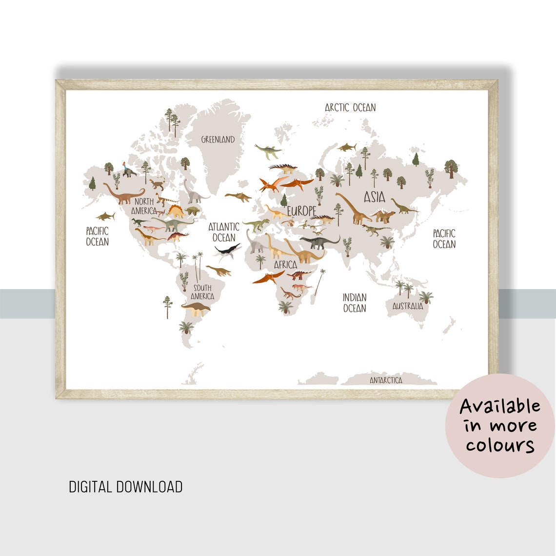Dinosaur World Map Children's Map White Background - Etsy