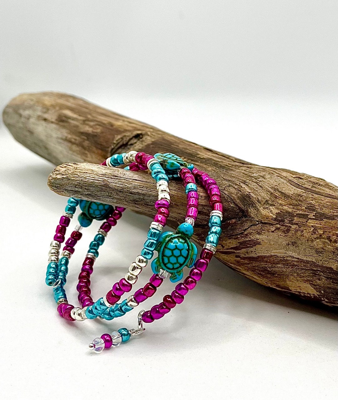 Sea Turtle, Metallic Pink/turquoise/silver Seed Bead Memory Wire ...