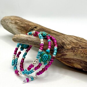 Sea Turtle, Metallic Pink/turquoise/silver Seed Bead Memory Wire ...