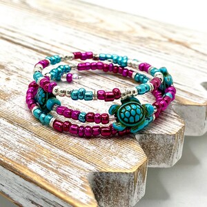 Sea Turtle, Metallic Pink/turquoise/silver Seed Bead Memory Wire ...