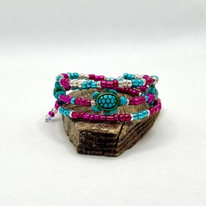 Sea Turtle, Metallic Pink/turquoise/silver Seed Bead Memory Wire ...