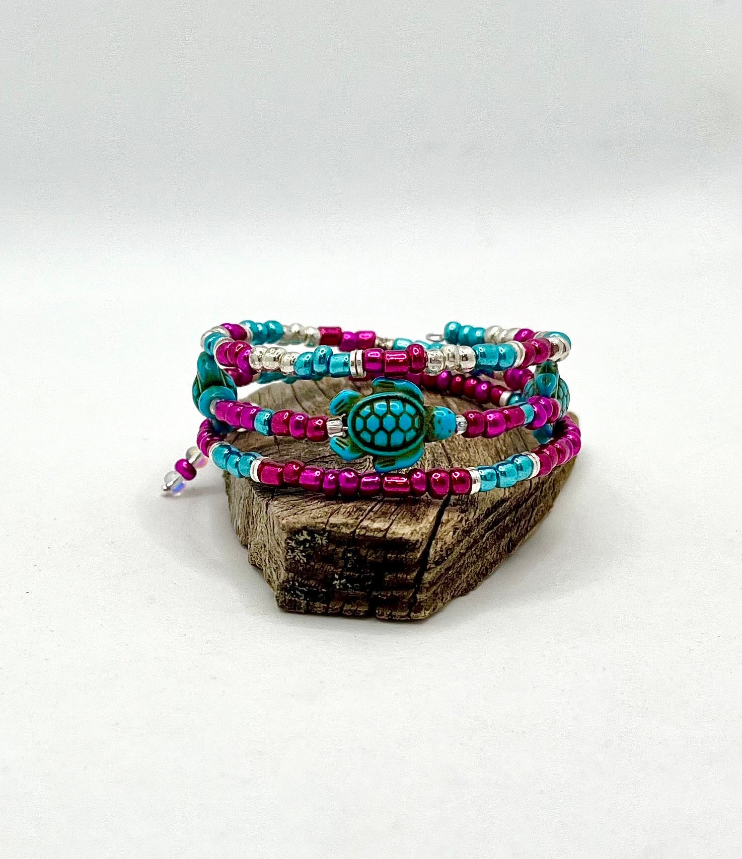 Sea Turtle, Metallic Pink/turquoise/silver Seed Bead Memory Wire ...