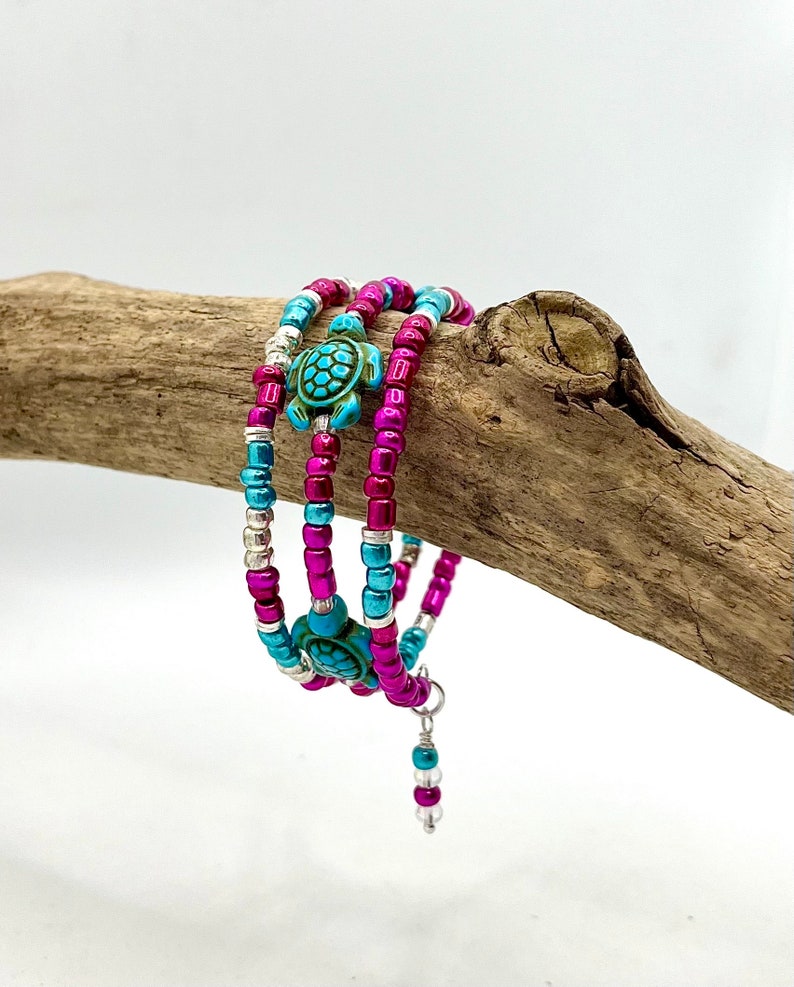 Sea Turtle, Metallic Pink/turquoise/silver Seed Bead Memory Wire ...