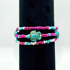 Sea Turtle, Metallic Pink/turquoise/silver Seed Bead Memory Wire ...