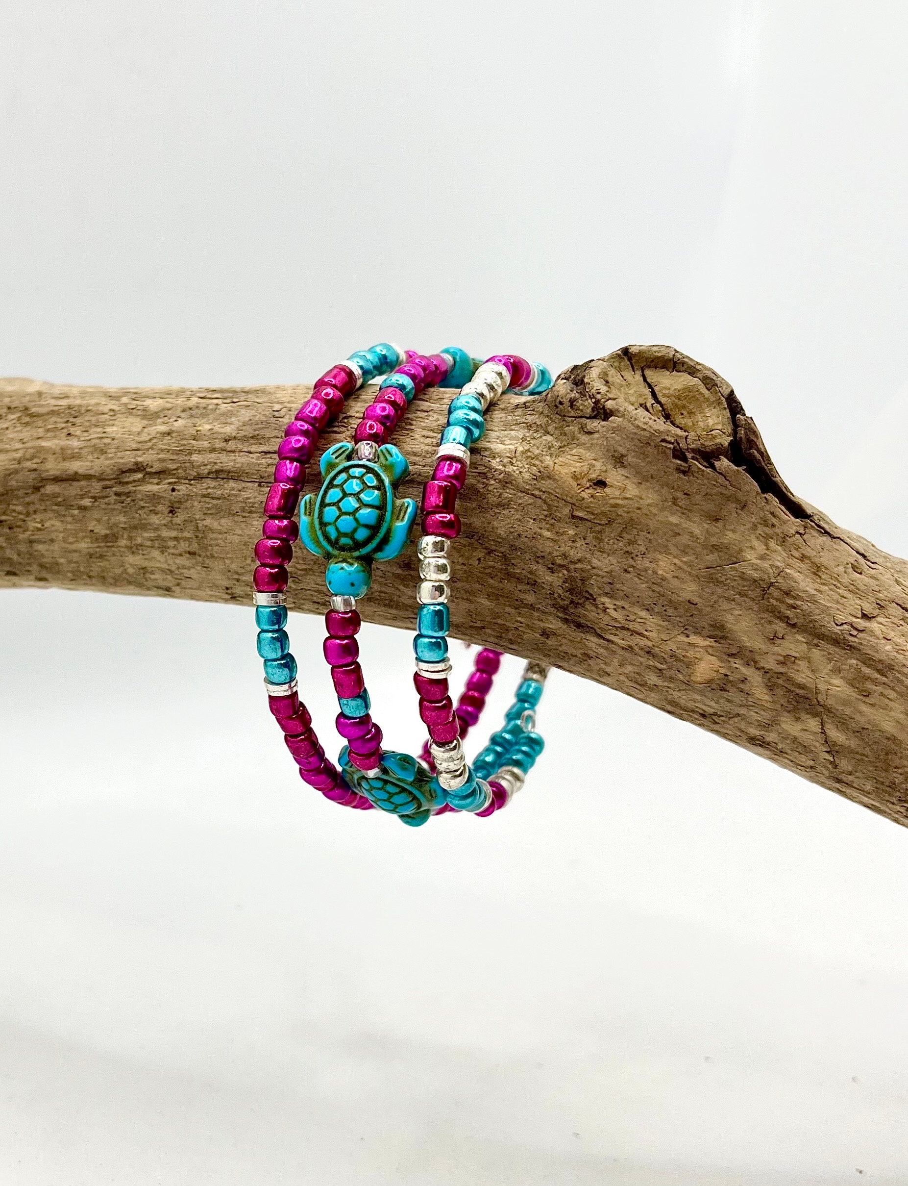 Sea Turtle, Metallic Pink/turquoise/silver Seed Bead Memory Wire ...