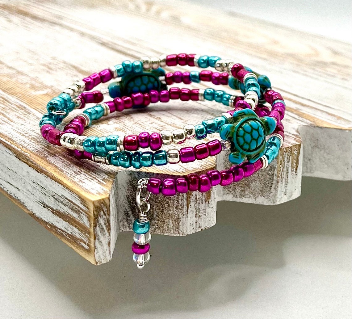 Sea Turtle, Metallic Pink/turquoise/silver Seed Bead Memory Wire ...
