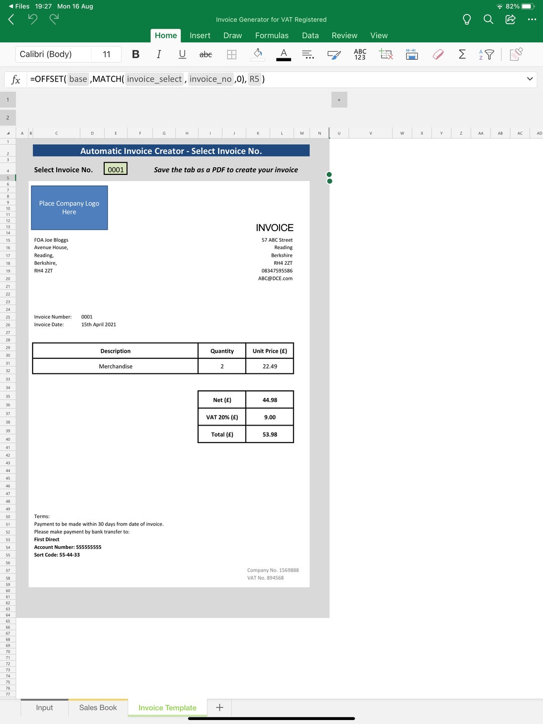 Excel Template for Generating PDF Invoices - VAT Registered - Etsy