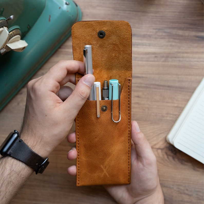 Handcrafted Green Leather Pen Case: Stylish Stationery Organizer - Etsy