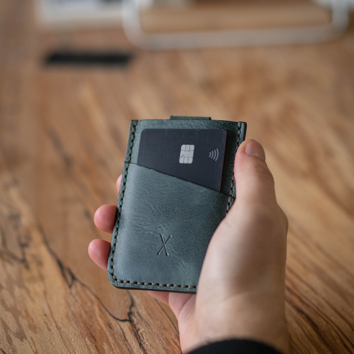 Genuine Leather Card Holder Slide Mechanism Pull Out Card - Etsy