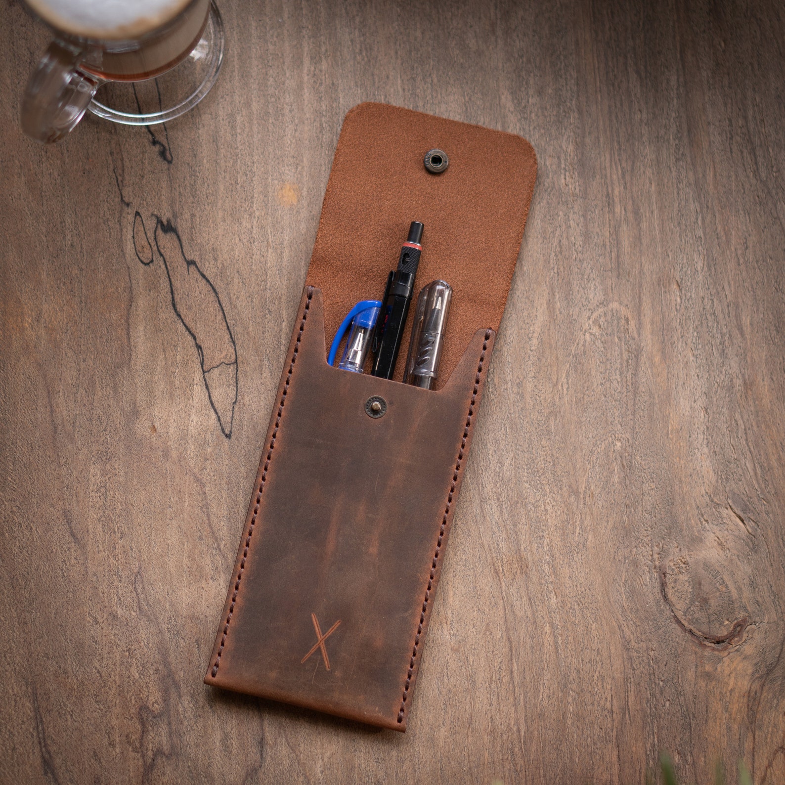 Genuine Leather Pencil Case: Minimalist Pen Holder With Fastener - Etsy