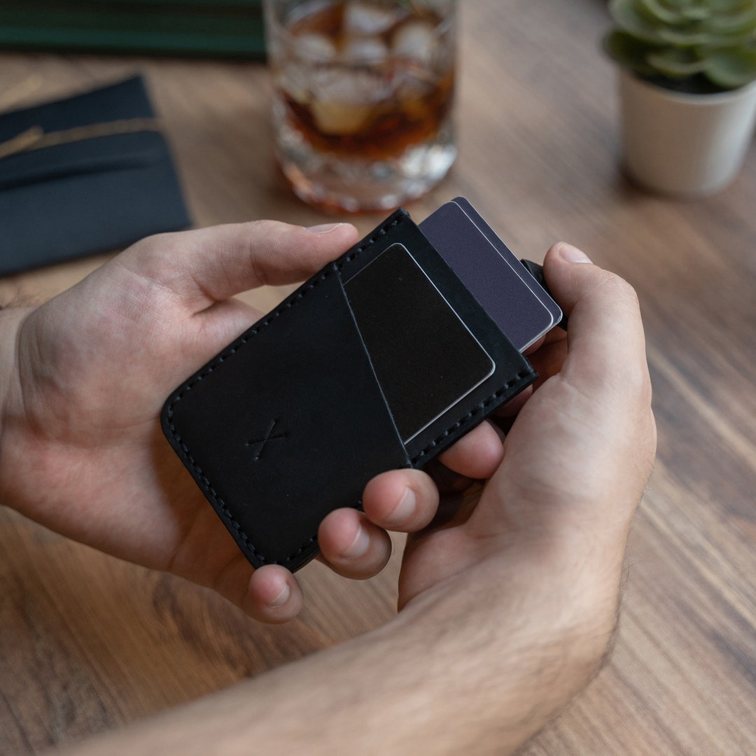 Leather Card Holder With Sliding Mechanism, Minimalist Design - Etsy