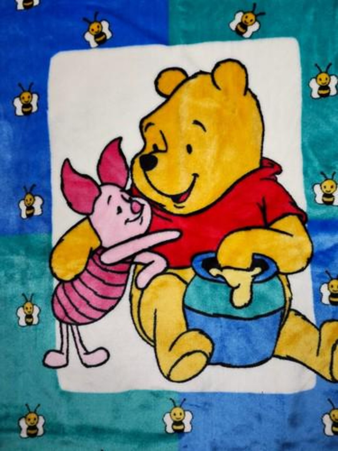Vintage Winnie the Pooh Piglet With Bees Blue Plush Baby Kids Blanket ...
