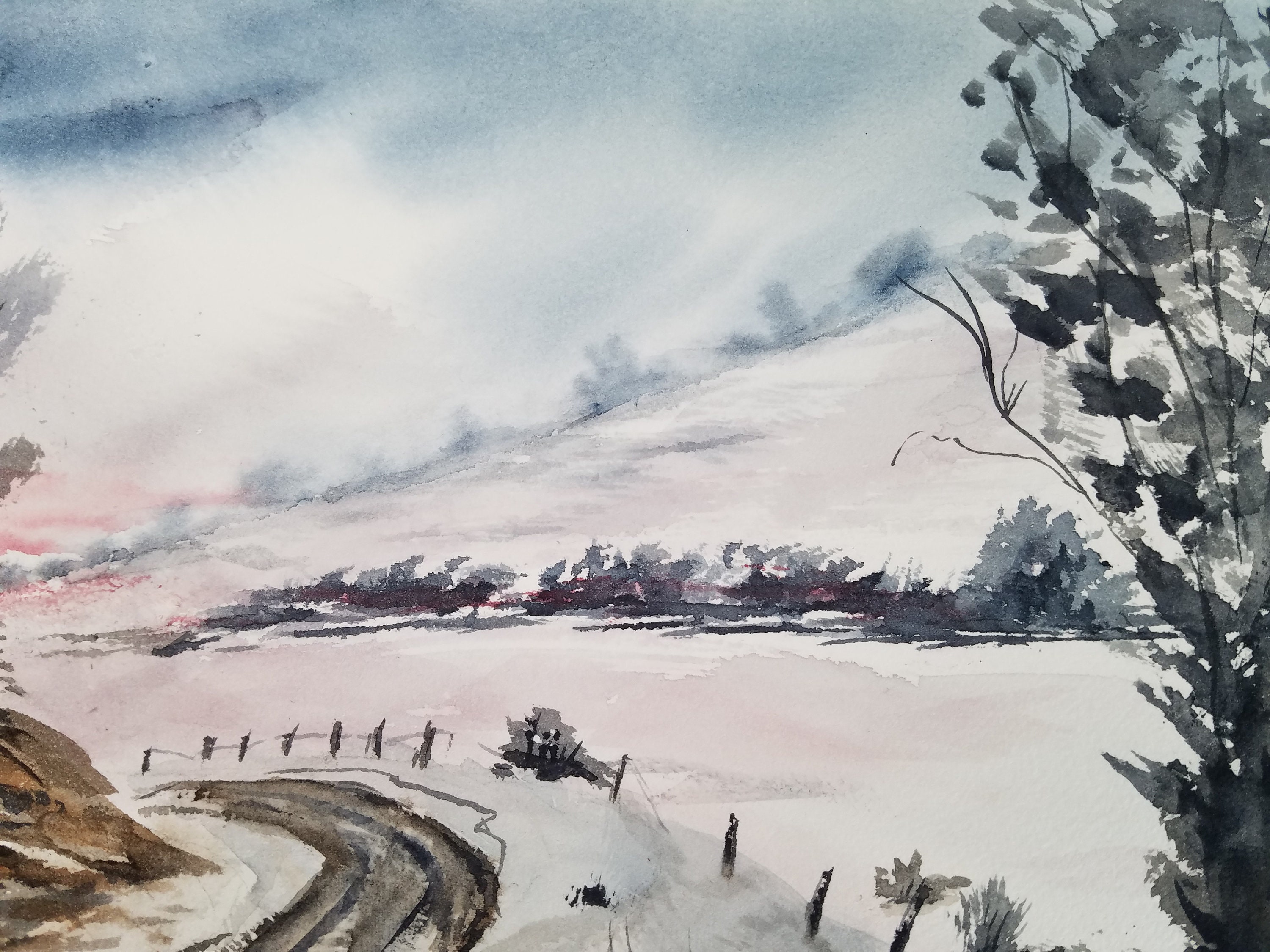 Original Watercolor Snowscape Painting, Winter Sunset Lane Artwork 9x12 ...