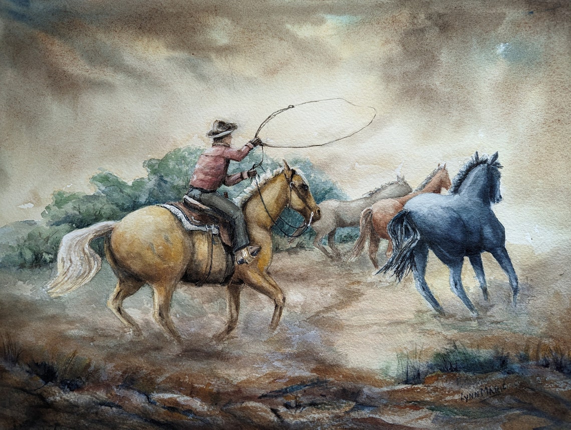 Original, Cowboy & Wild Horses Watercolor Landscape Painting, Black ...