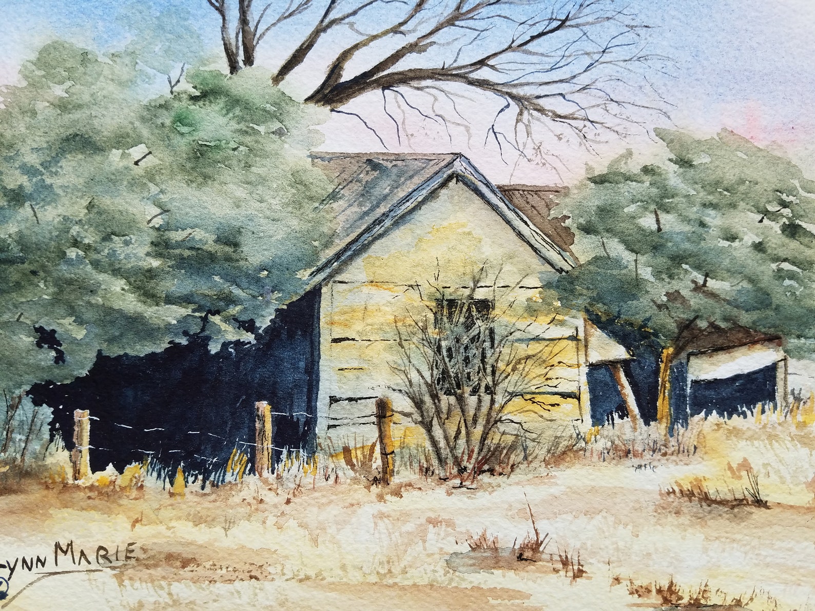 Original Watercolor Landscape Painting, Texas Hill Country Farmhouse ...