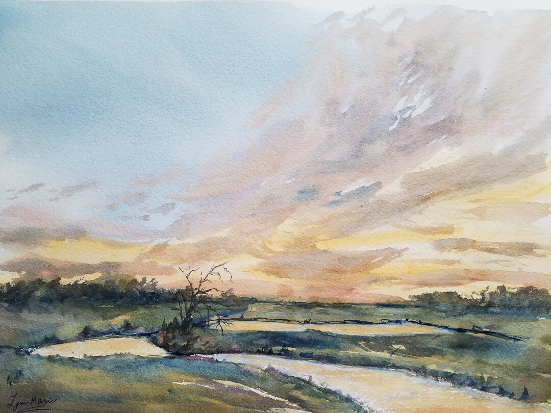 Original, Wetlands Sunset Watercolor Landscape Painting, Coastal ...