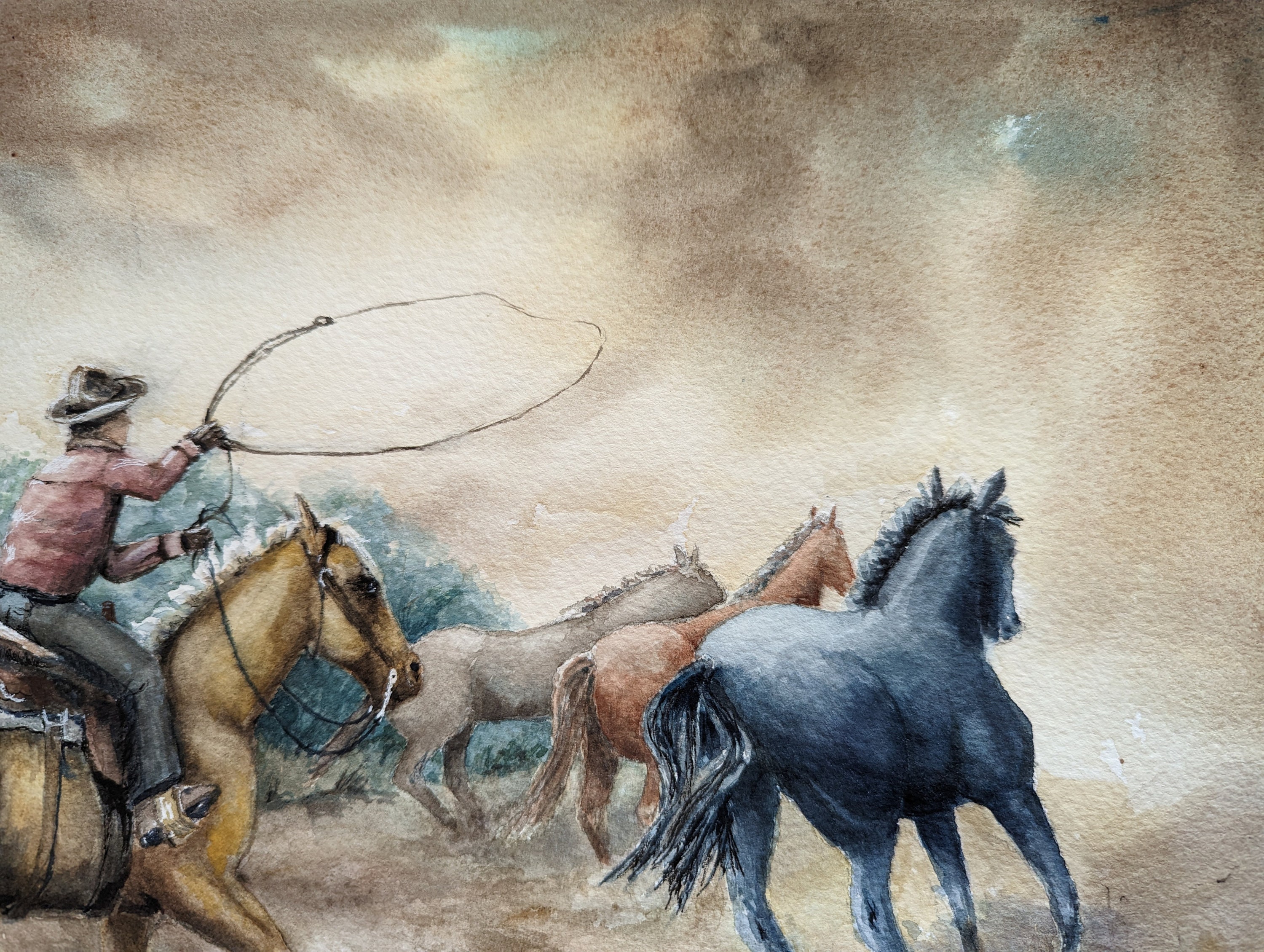 Original, Cowboy & Wild Horses Watercolor Landscape Painting, Black ...