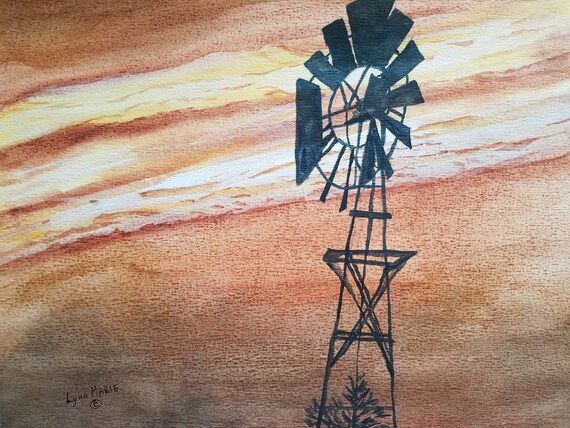 Original Sunset Windmill Watercolor Landscape Painting Ranch - Etsy
