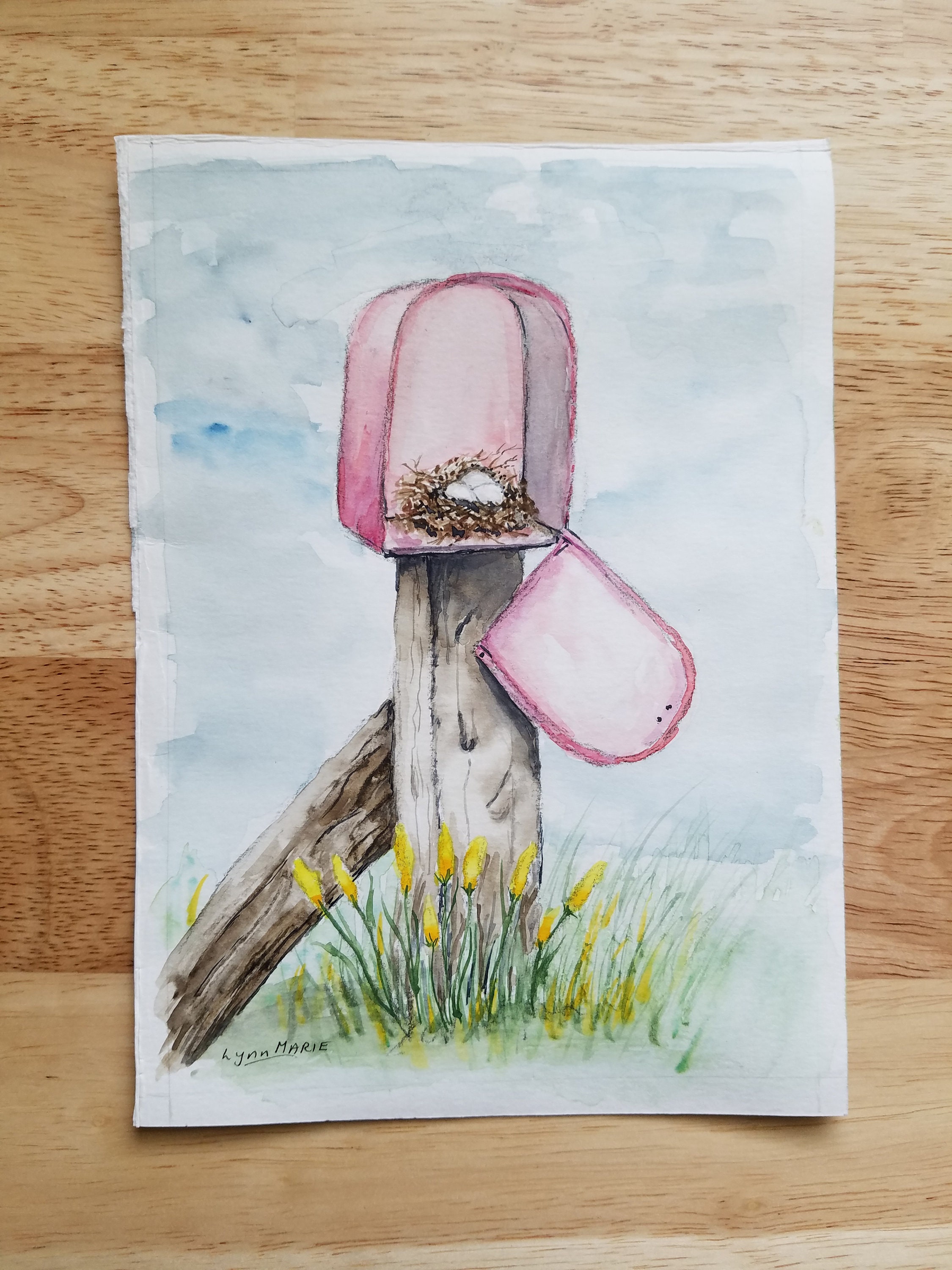Original, Whimsical Mailbox Cartoon Watercolor Landscape Painting, Bird ...