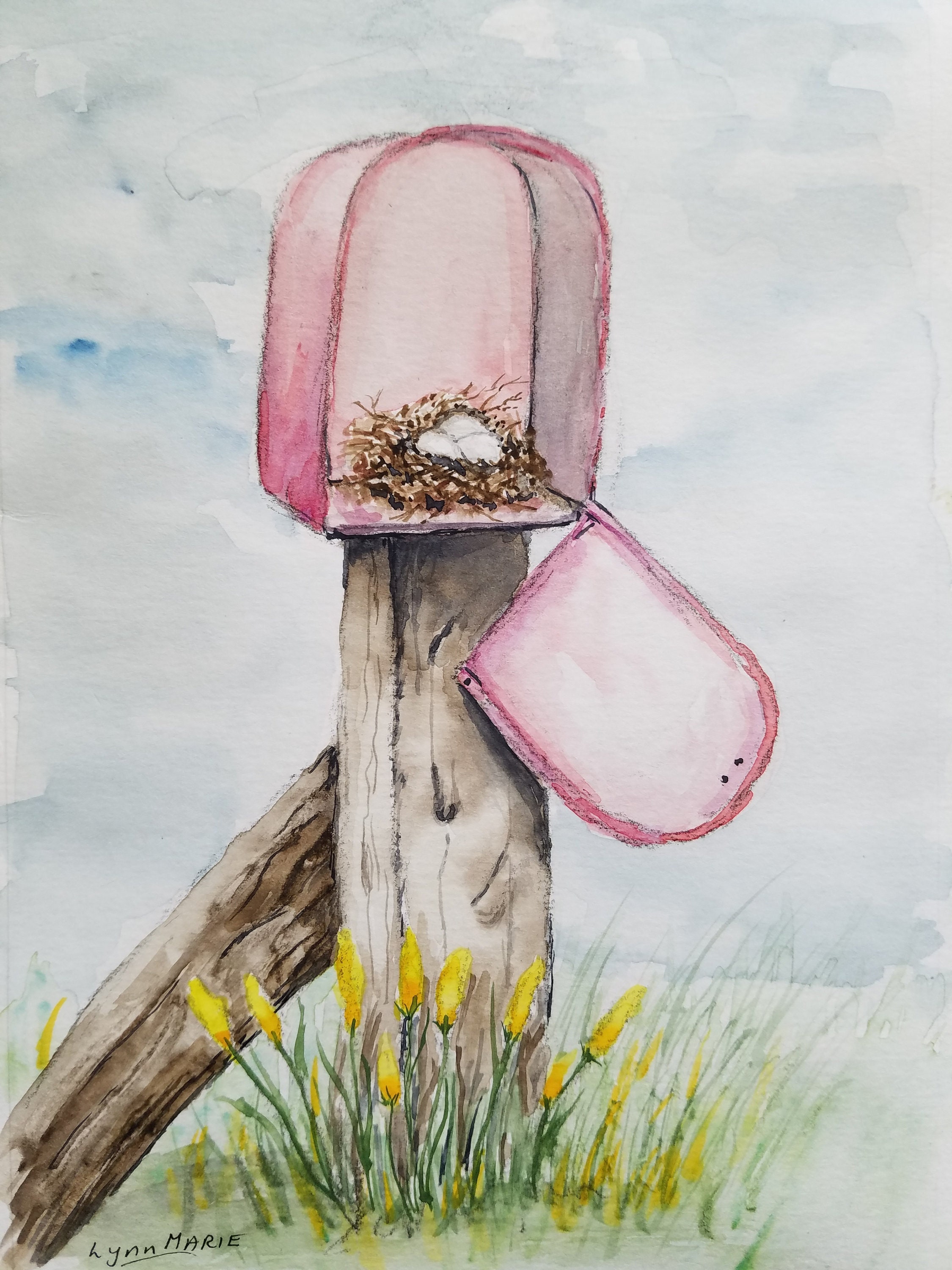 Original, Whimsical Mailbox Cartoon Watercolor Landscape Painting, Bird ...
