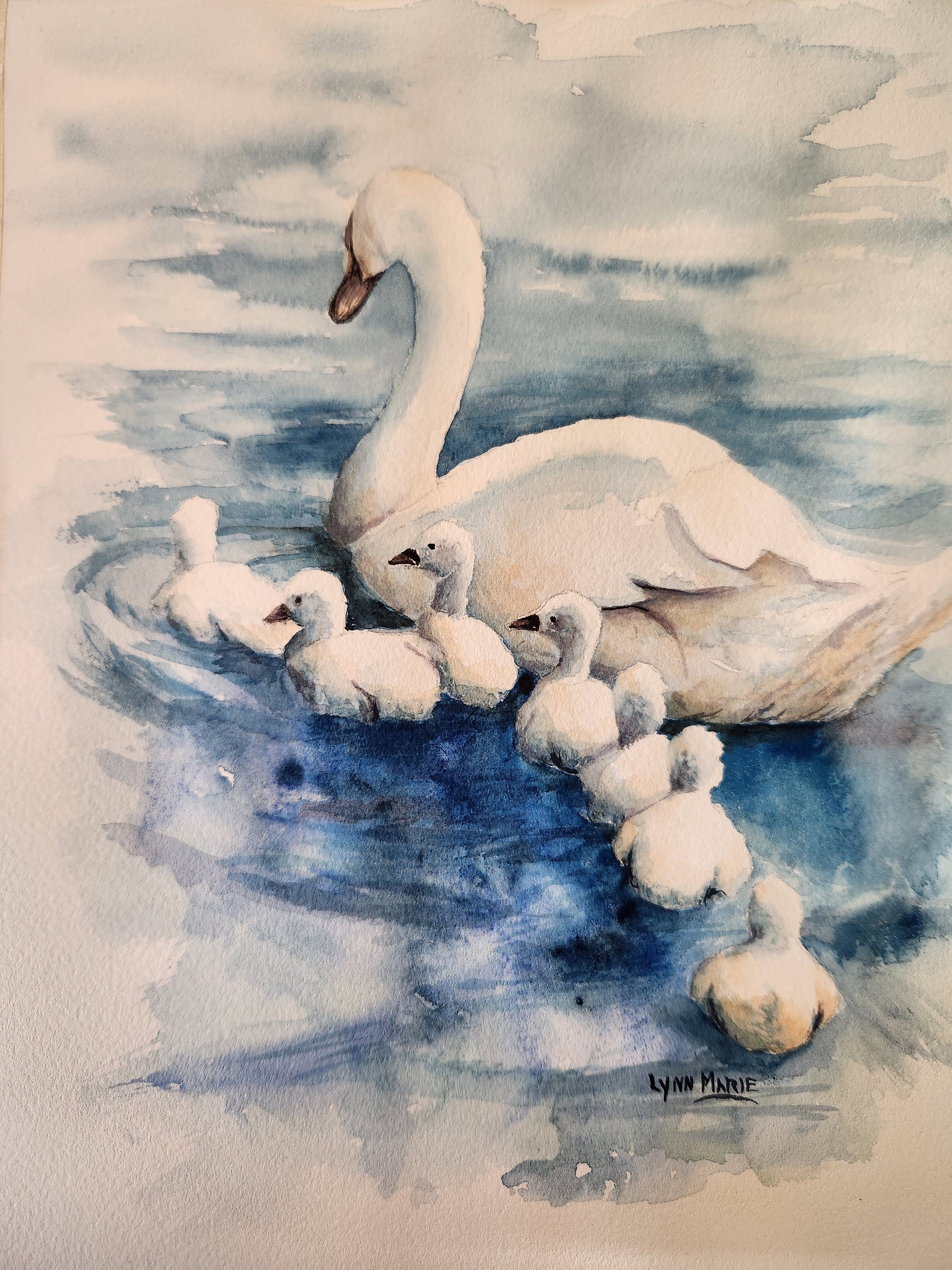ORIGINAL Swan and Cygnets Watercolor Painting, Mama Swan Swimming With ...