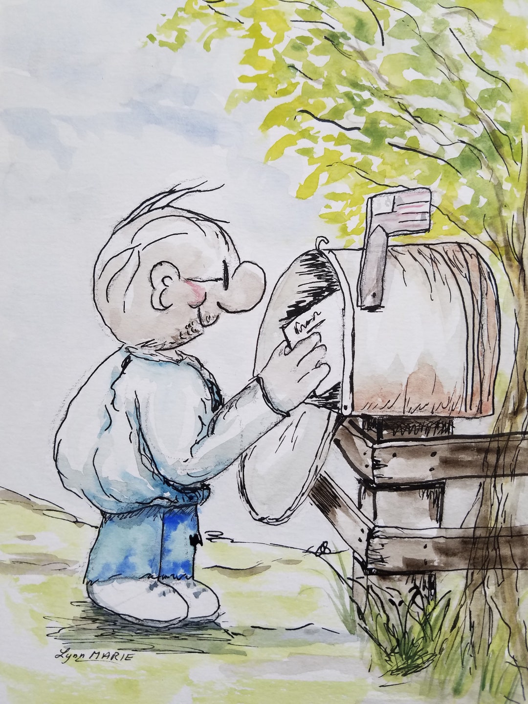 Original, Whimsical Mailman Cartoon Watercolor Painting, Character Man ...