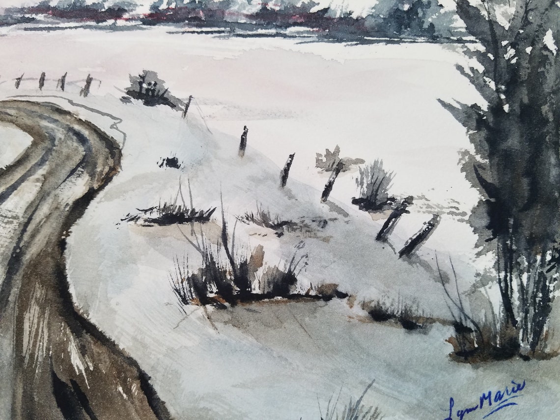 Original Watercolor Snowscape Painting, Winter Sunset Lane Artwork 9x12 ...