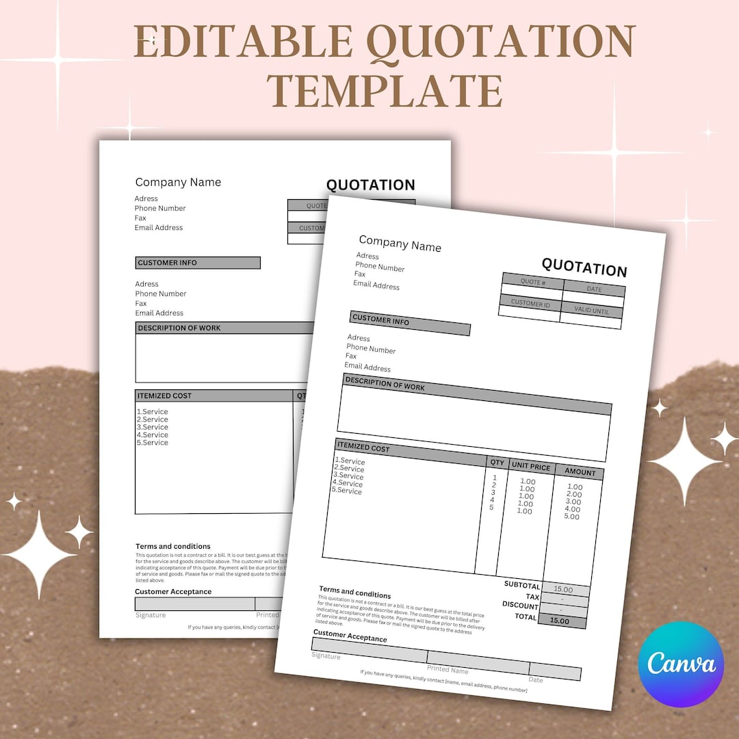 PRICE QUOTE TEMPLATE, Editable Quotation Sheet Canva Template, Price Offer Document for Small ...