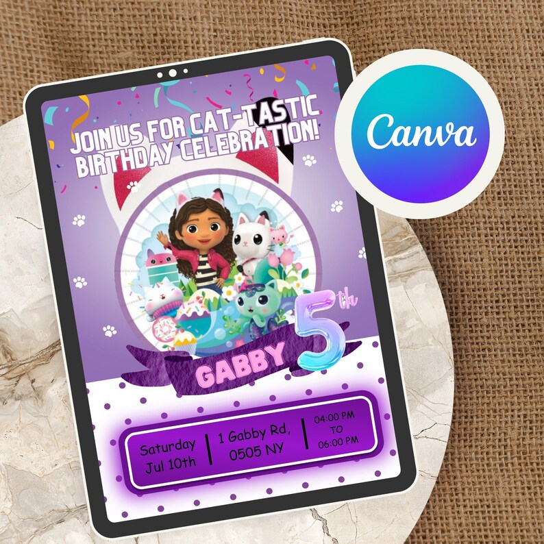 Editable Gabbys Dollhouse Birthday Invitation | Gabby's Kids Birthday ...