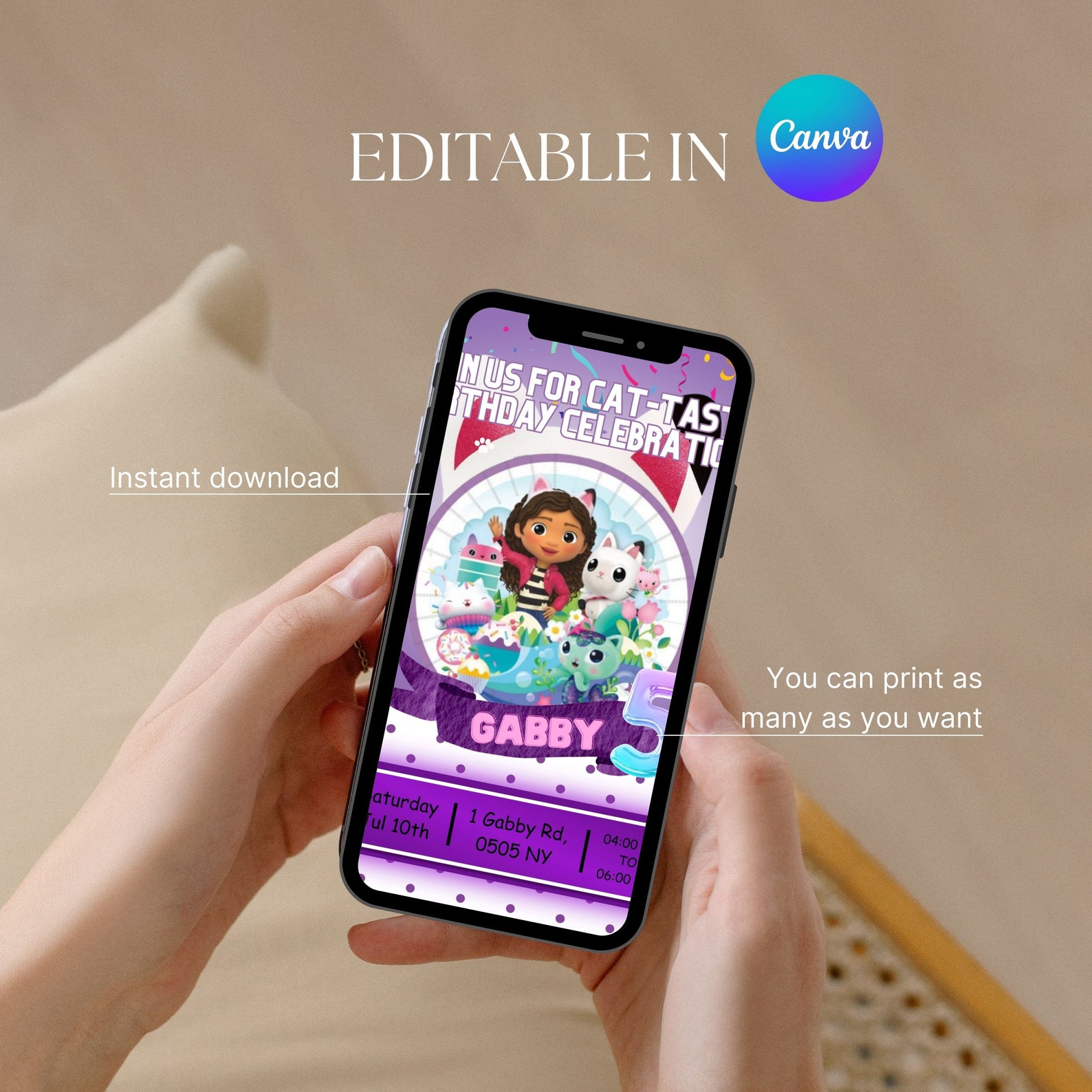 Editable Gabbys Dollhouse Birthday Invitation | Gabby's Kids Birthday ...