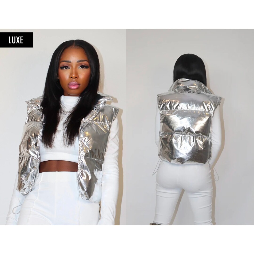 Women's Luxe Astronaut Cropped Silver Metallic Puffer Drawstring Vest ...