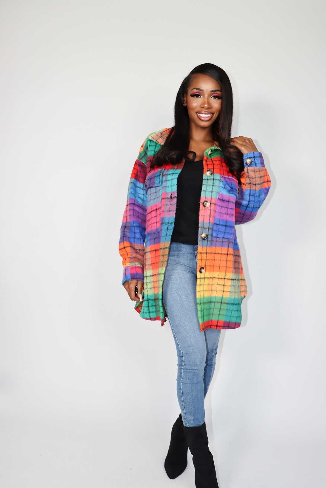 Women's New Colorful Rainbow Plaid Check Print Thin Wool Shacket Shirt ...