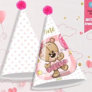 Teddy Bear Birthday Party Hats Printable First Birthday Party Favors ...