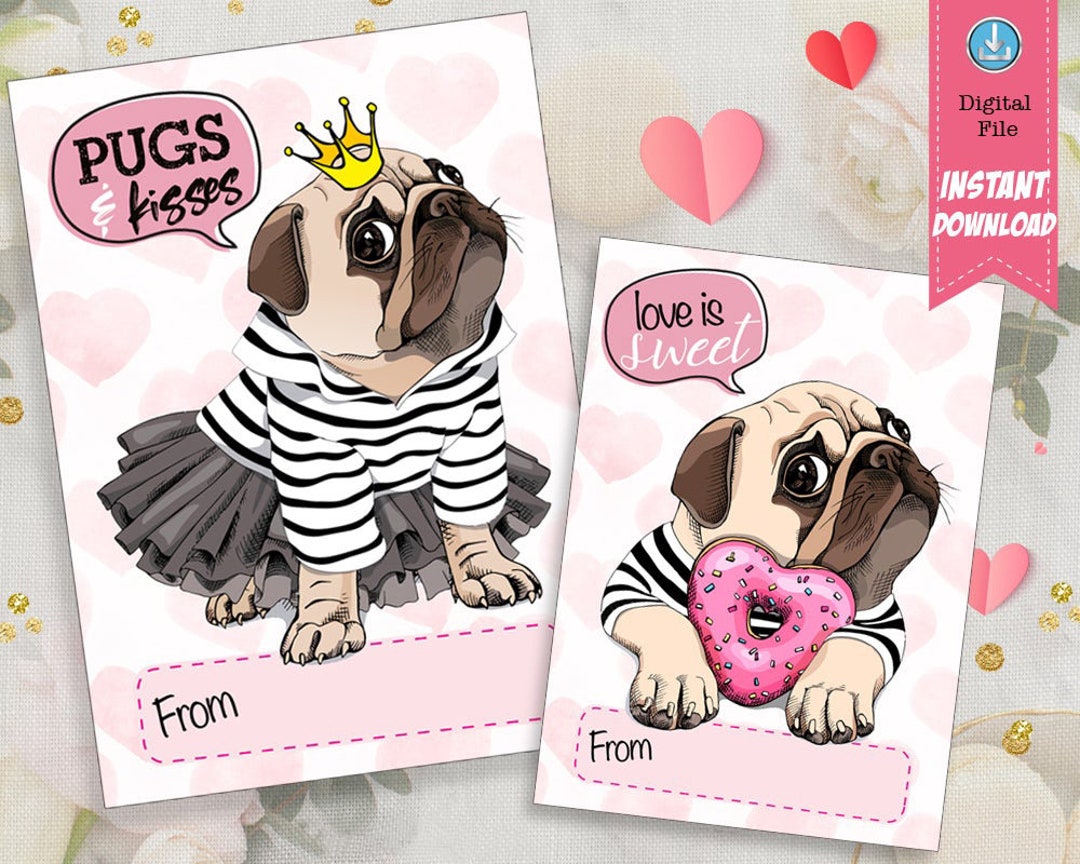 Pug Valentines Day Cards for Kids Pugs and Kisses Valentine's Animal ...