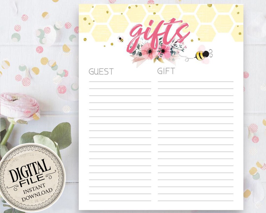 Bee Baby Shower Gift List Printable Honey Bee Keepsake List Baby Girl ...