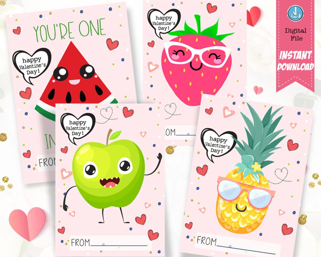 Fruit Valentines Day Cards for Kids Pineapple Strawberry Watermelon ...
