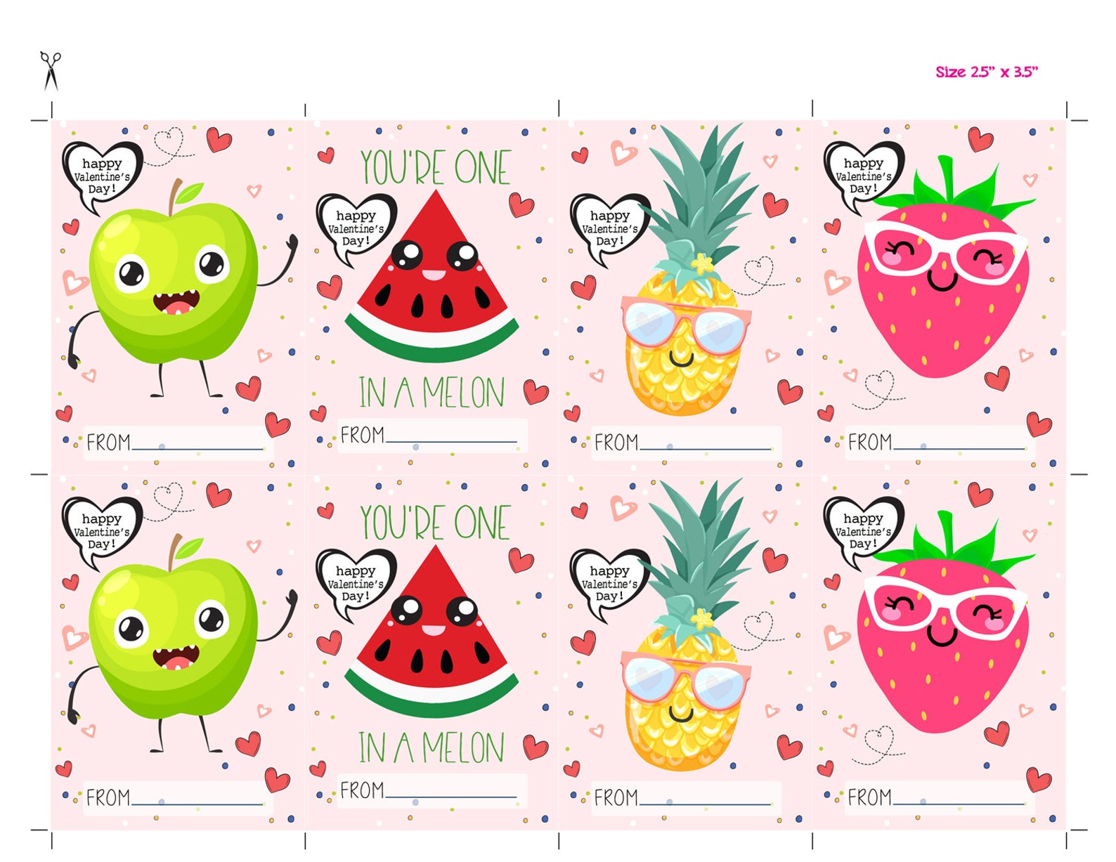 Fruit Valentines Day Cards for Kids Pineapple Strawberry | Etsy