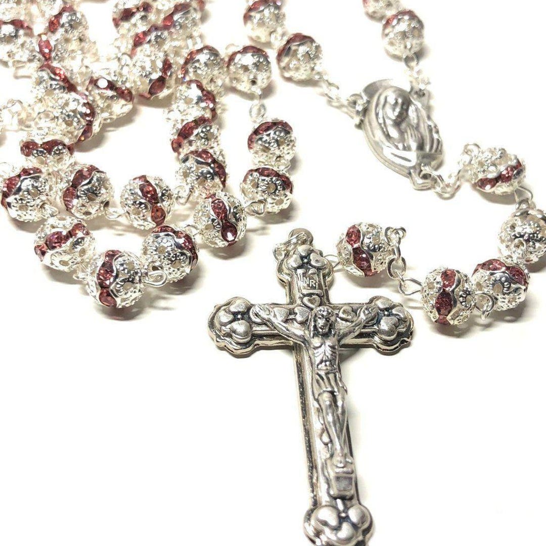 Blessed Virgin Mary Pink Bohemian Crystal Rosary Rhinestone Blessed by ...