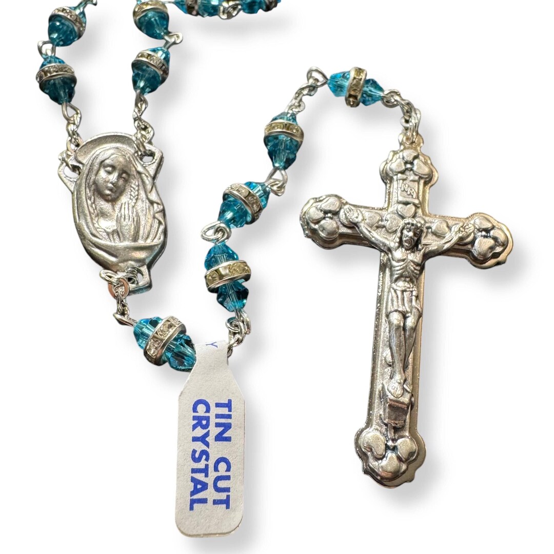 Virgin Mary Aqua Shiny Crystal Rosary - Rhinestone - Blessed by Pope ...
