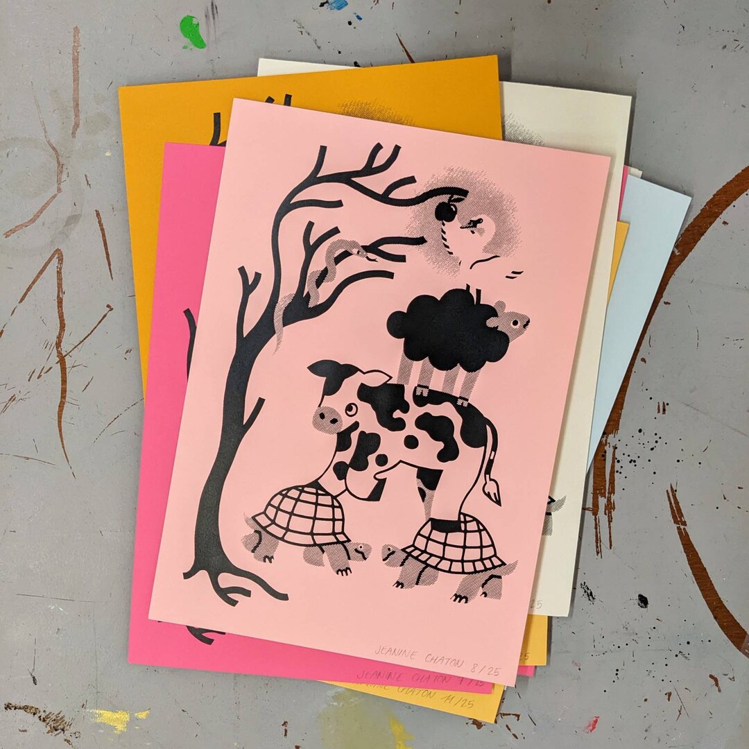 Serigraphy Garden of Eden Animal Illustration Cute Cow Poster - Etsy