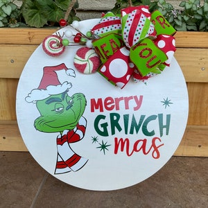 Grinch Door Hanger, Merry Grinchmas Door Sign, Holiday Door Wreath ...