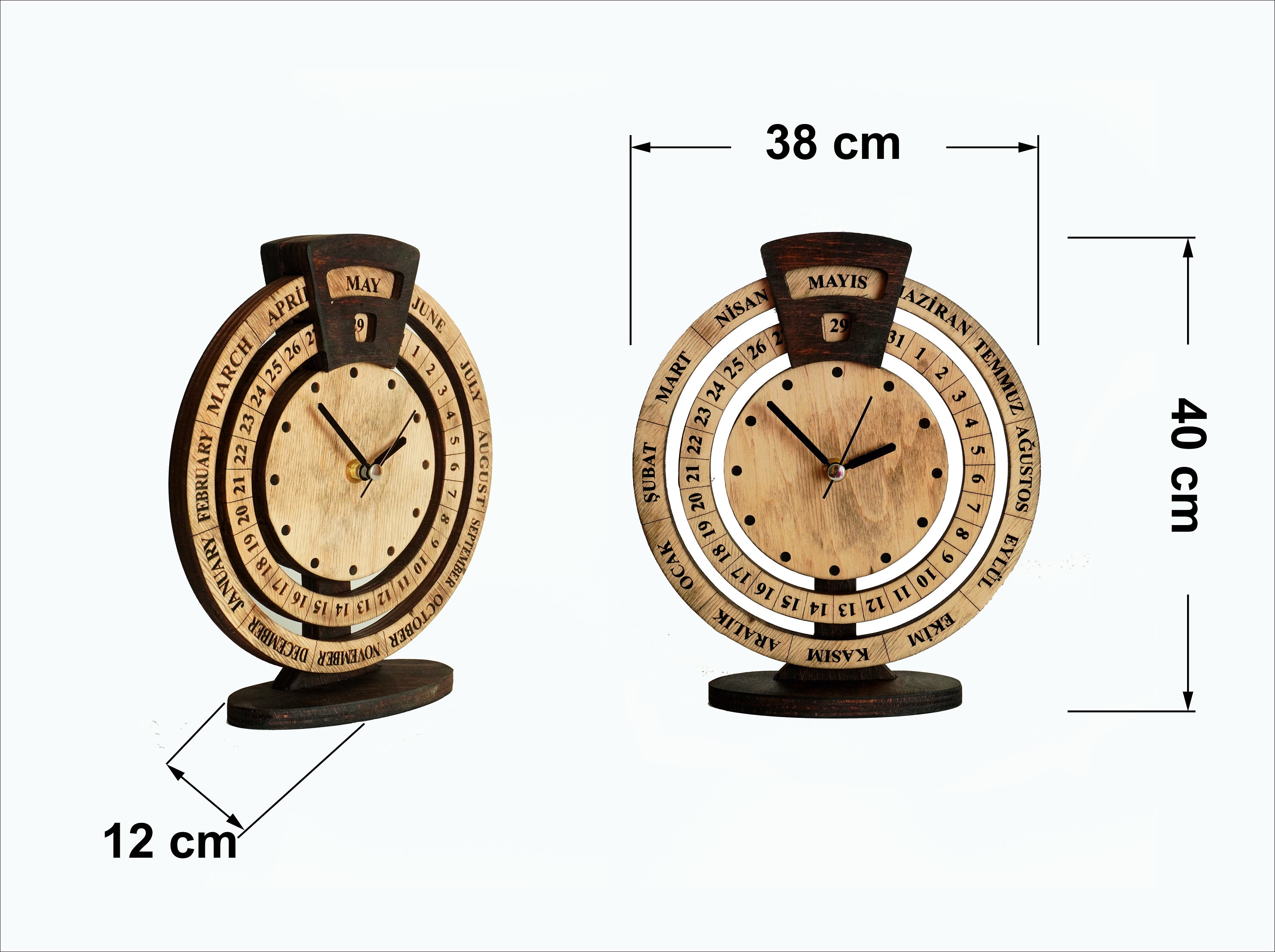 14.9" (38cm) Desk Calender Vintage-style Wooden Desk Clock, Elegant ...