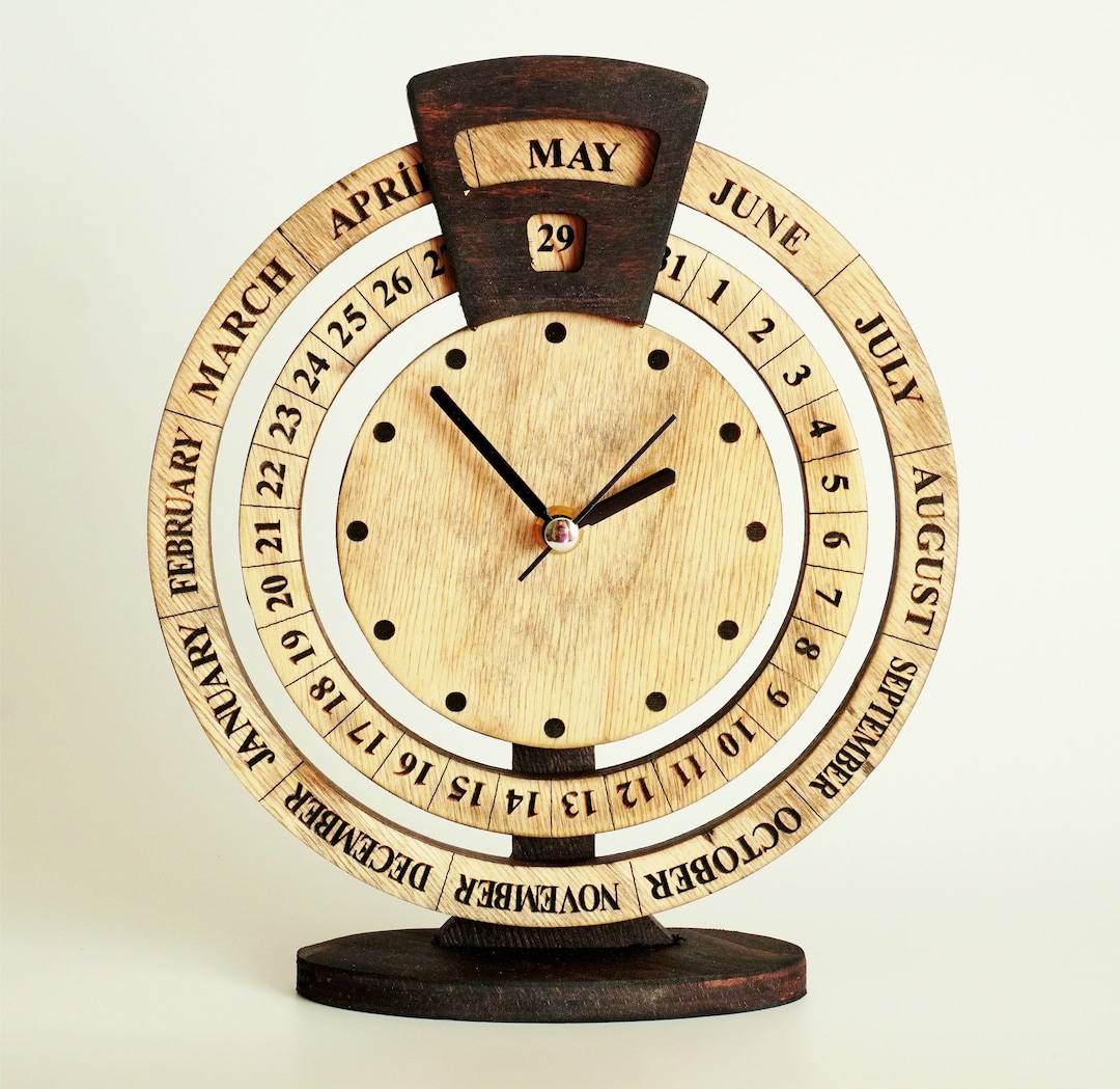 14.9" (38cm) Desk Calender Vintage-style Wooden Desk Clock, Elegant ...